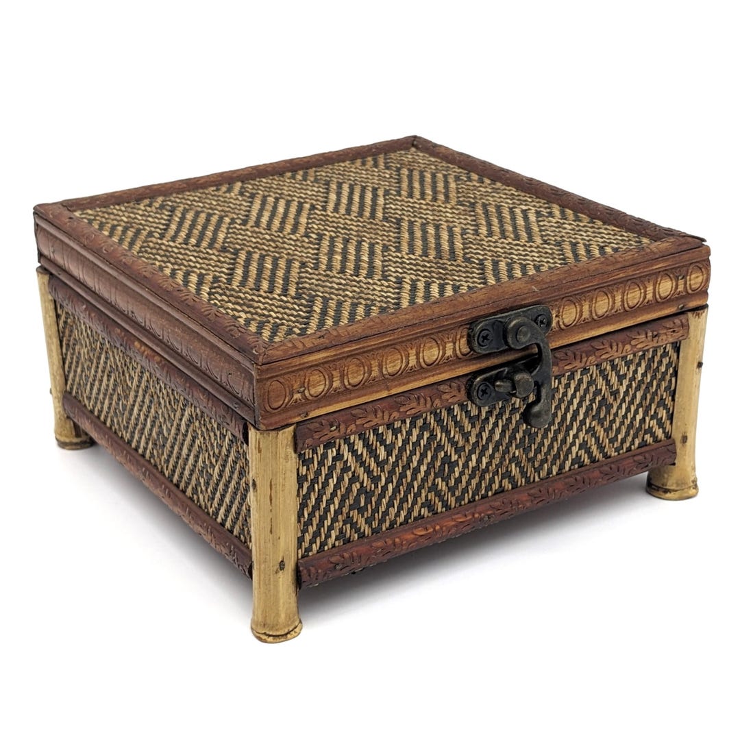 Trinket Box Woven Bamboo Wood | Vintage Rattan Jewelry Chest | Boho ...