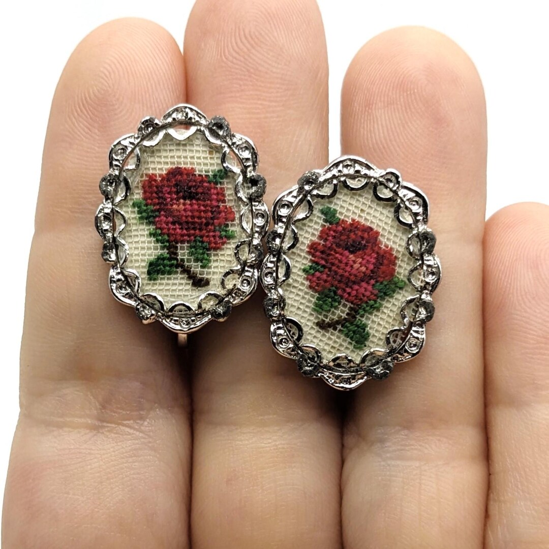Victorian Revival Petit Point Rose Cameo Earrings | Silvertone ...