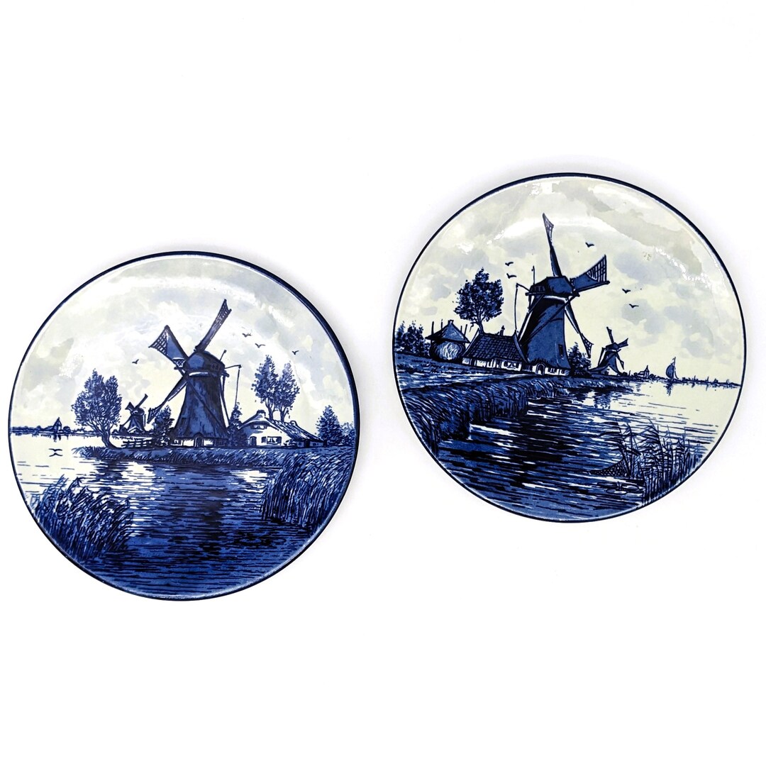 1970s Delft Blauw Windmill Plates Decor | Hand-painted Holland ...