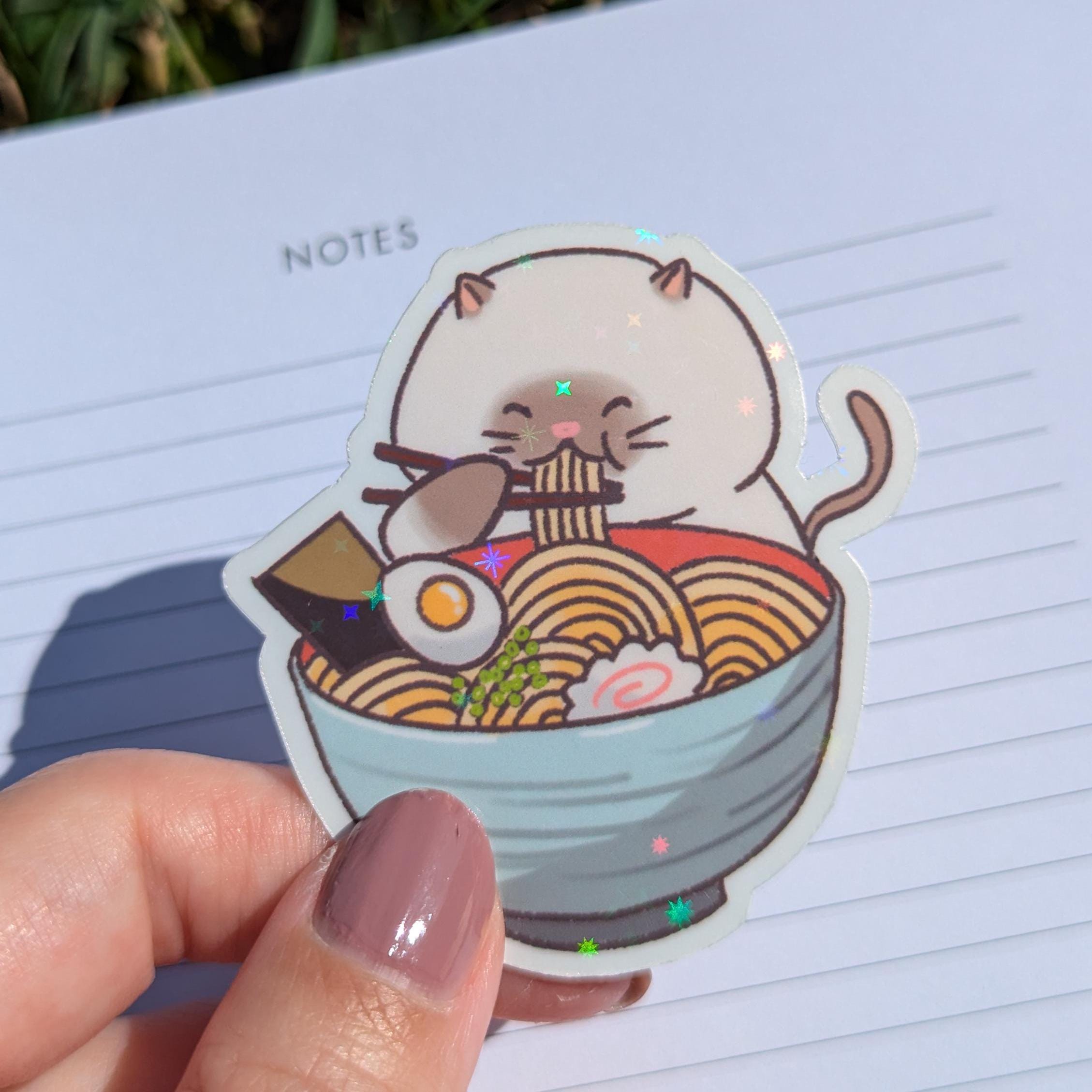 Cute Cat Sticker | Funny Fat Cat | Cat Eating Ramen Noodles Sticker ...