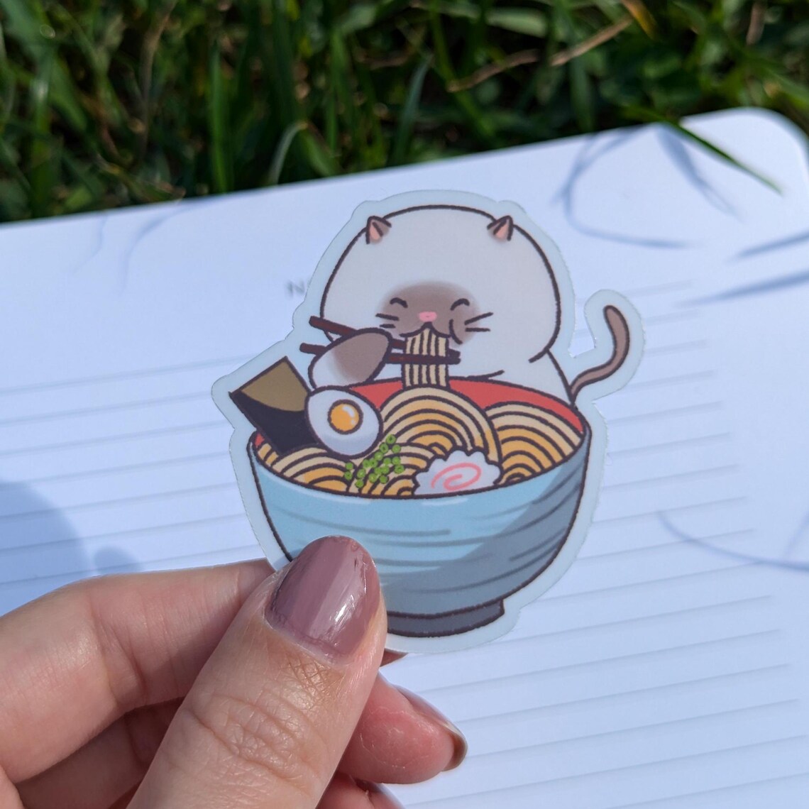 Cute Cat Sticker | Funny Fat Cat | Cat Eating Ramen Noodles Sticker ...
