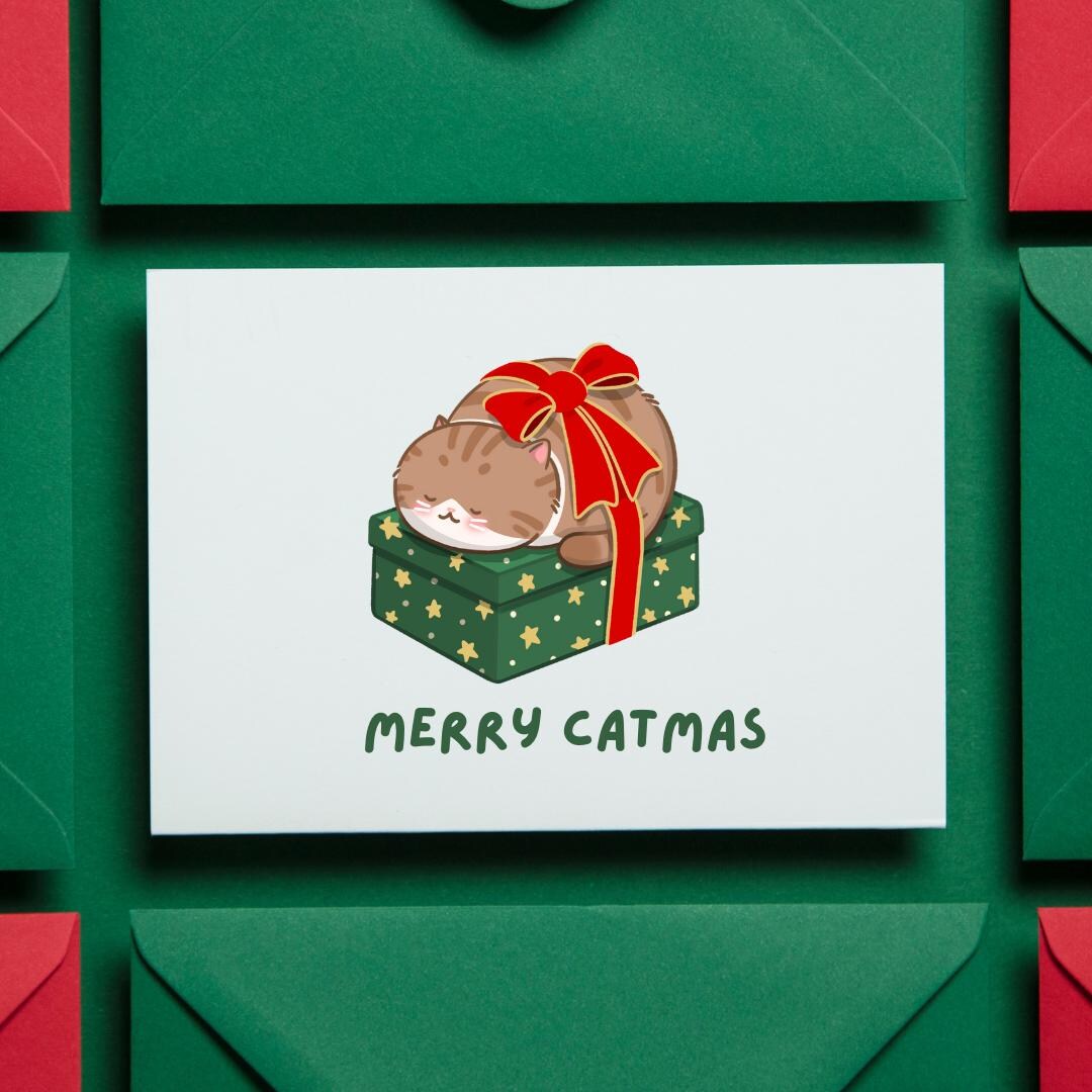 Cute Cat Greeting Christmas Card Meowy Catmas Cat Gift Present Bow ...
