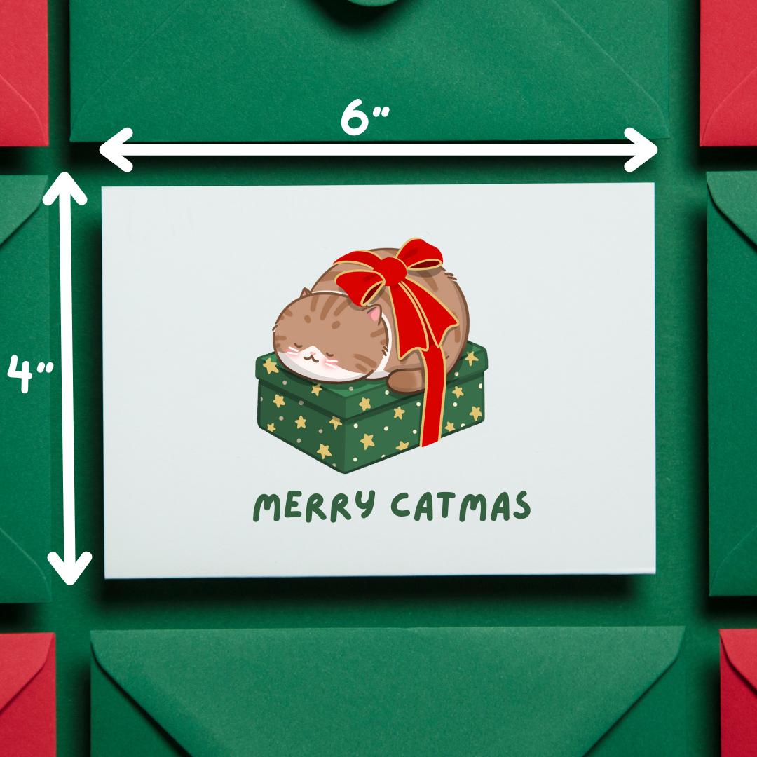 Cute Cat Greeting Christmas Card | Meowy Catmas | Cat Gift Present Bow ...
