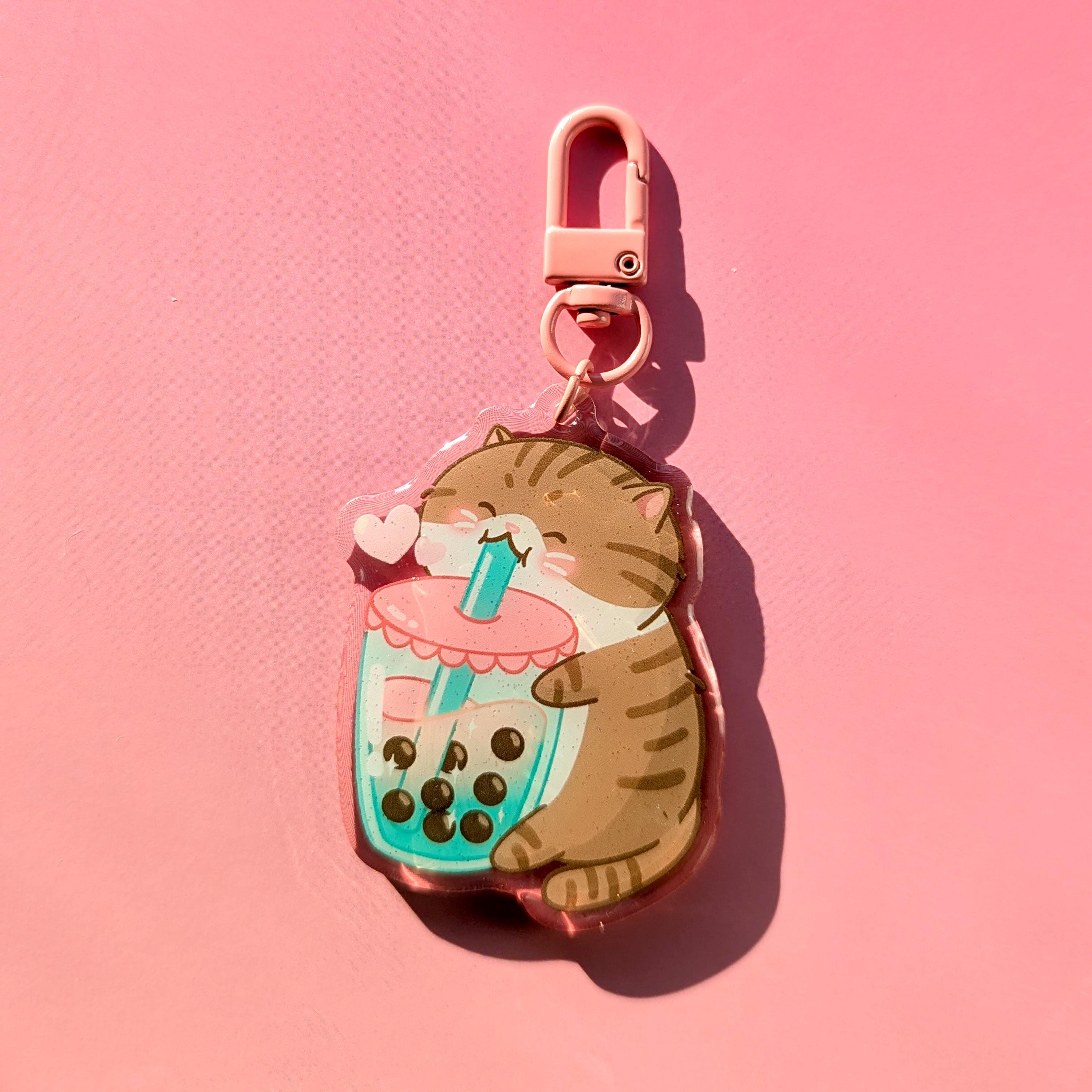 Boba Bubble Tea Cat Acrylic Keychain Charm With Sparkles | Gift for Cat ...