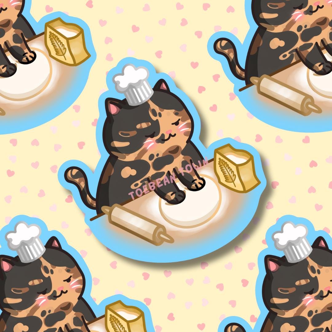 Tortie Tortoise Shell Cat Sticker | Cute Cat Baking Kneading Making ...