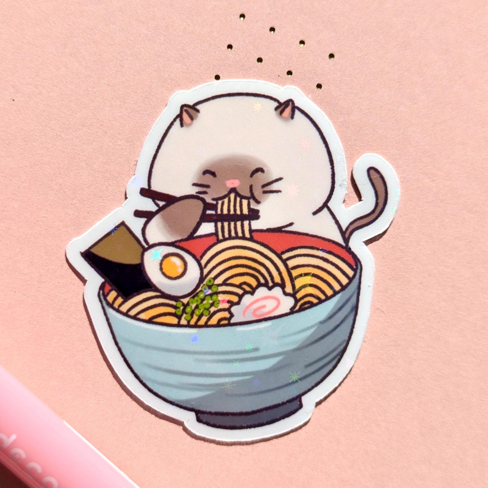 Cute Cat Sticker | Funny Fat Cat | Cat Eating Ramen Noodles Sticker ...