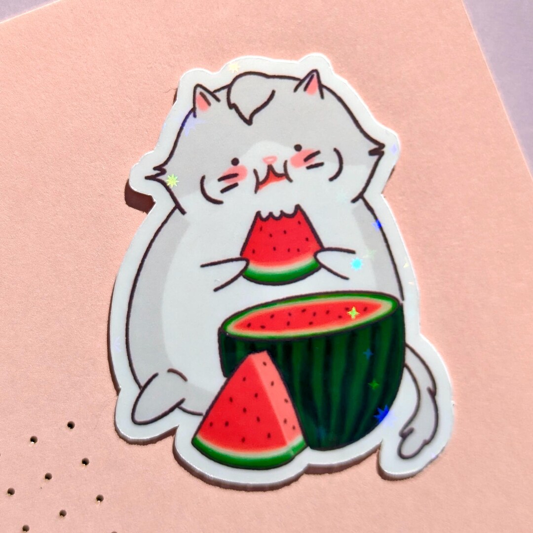 Cute Funny Kawaii Cat Sticker | Fat Cat Eating Watermelon | Holographic ...