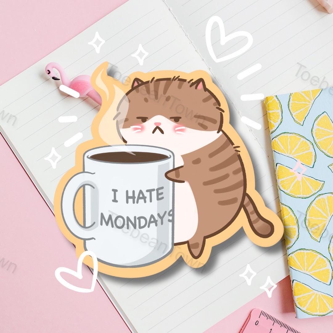 Cute Funny Silly Cat Sticker | Coffee Working Cat I Hate Mondays ...
