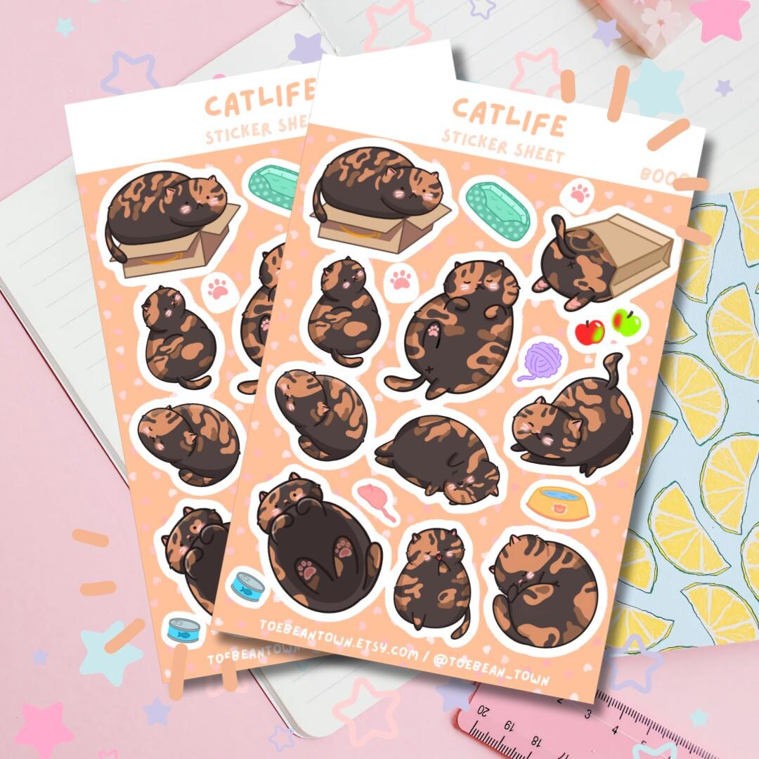 Tortie Tortoise Shell Brown Orange Cat Sticker Sheet | Cute Funny Fat ...