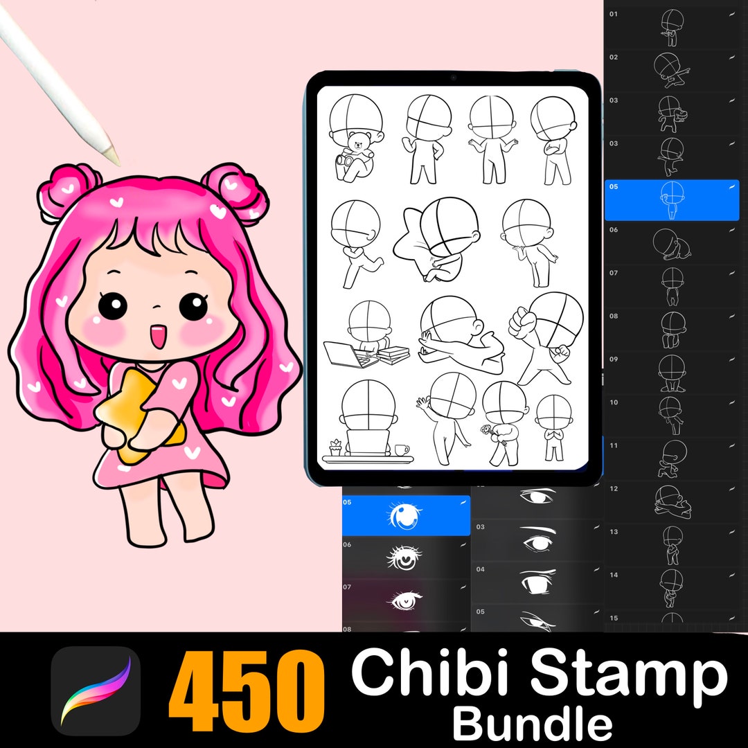 450 Procreate Chibi Stamp Brushes Chibi Body Guides Chibi - Etsy