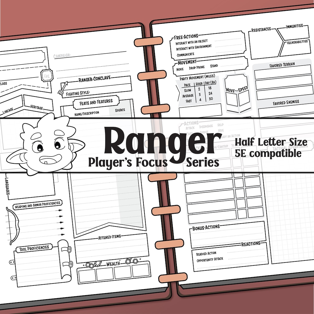 D&D 5E Character Sheet for Rangers | Focus Series | Printable | Half ...