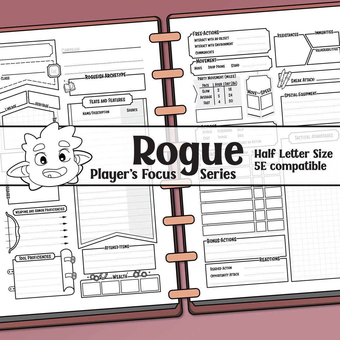 D&D 5E Character Sheet for Rogues | Focus Series | Printable | Half ...