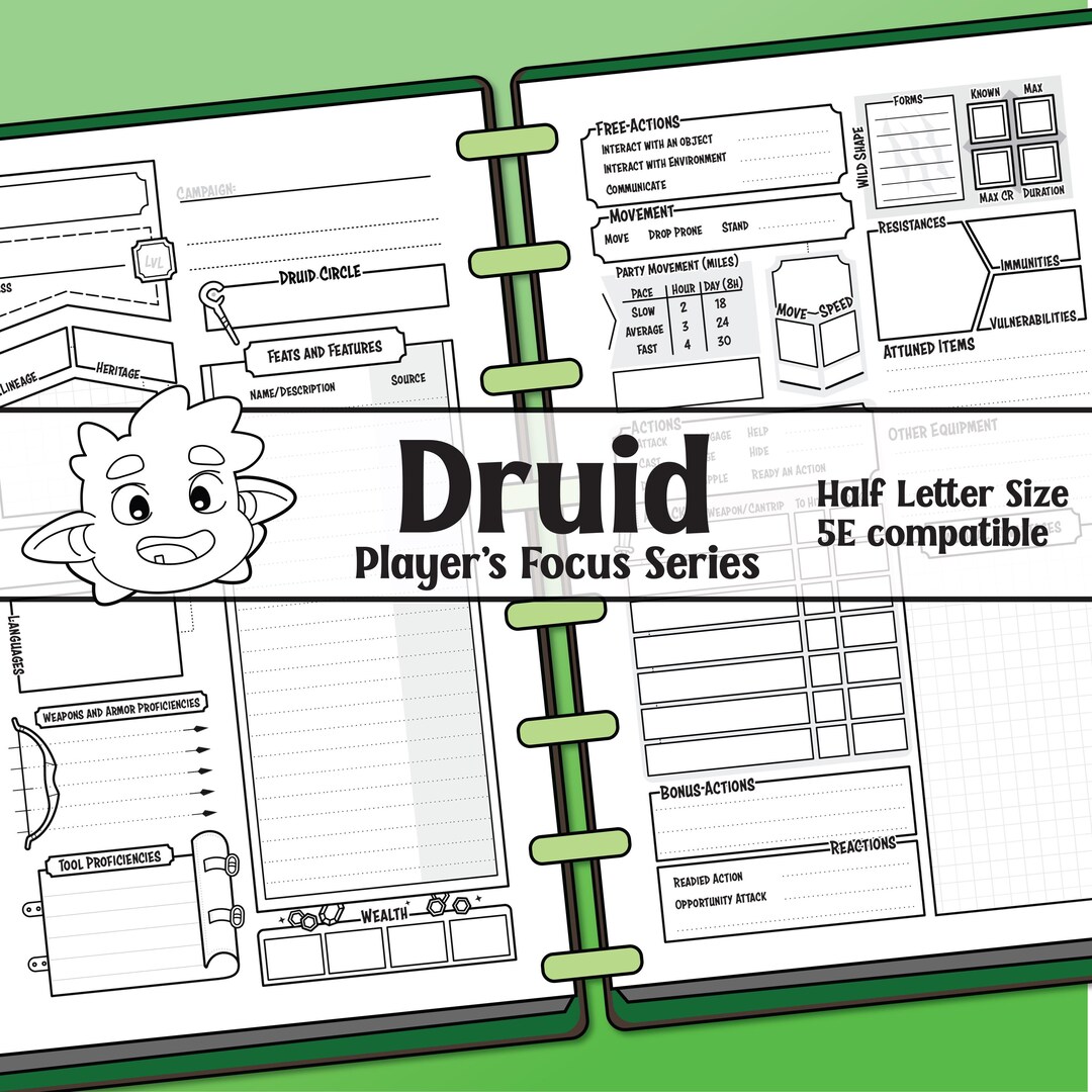 D&D 5E Druid Character Sheet Bundle, Wild Shape Add-on: Half Letter ...