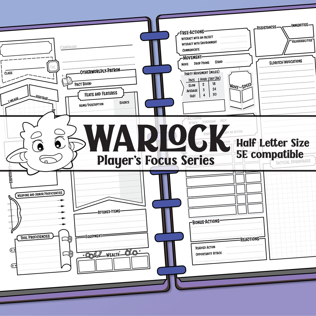 D&D 5E Character Sheet for Warlocks | Focus Series | Printable | Half ...