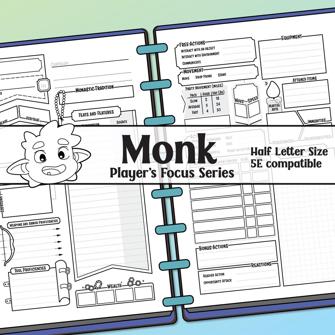 D&D 5E Character Sheet for Monks | Focus Series | Printable | Half ...
