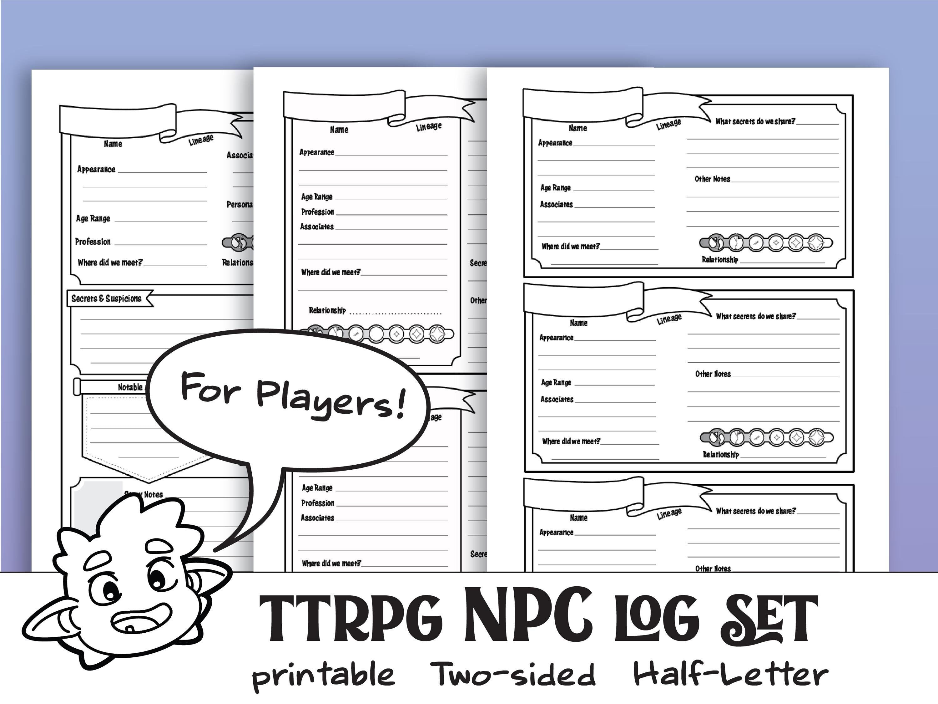TTRPG NPC Log Bundle Minimalist Series Half-letter Size Printable 3 ...