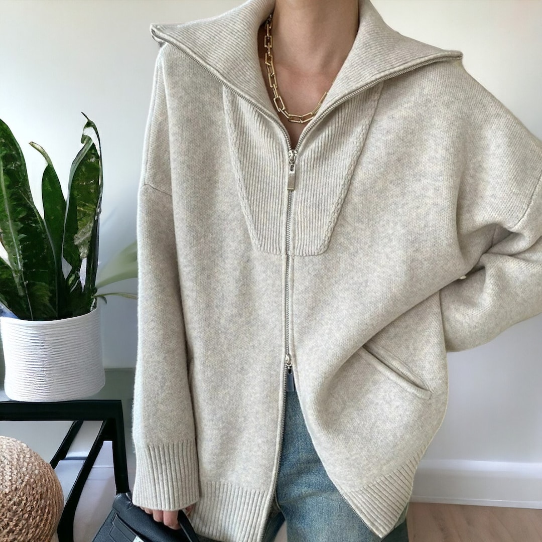 Trendy Double Zipper Cardigan, Zip up Cardigan for Women, Oversized ...
