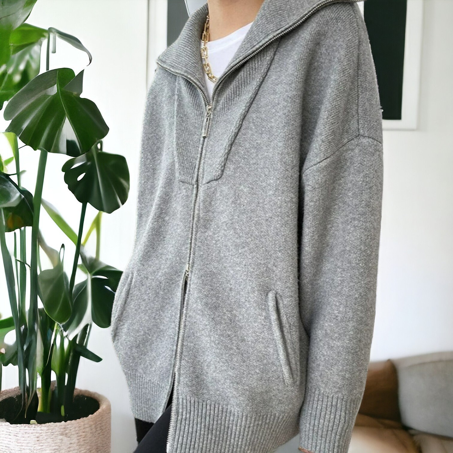 Trendy Double Zipper Cardigan, Zip up Cardigan for Women, Oversized ...