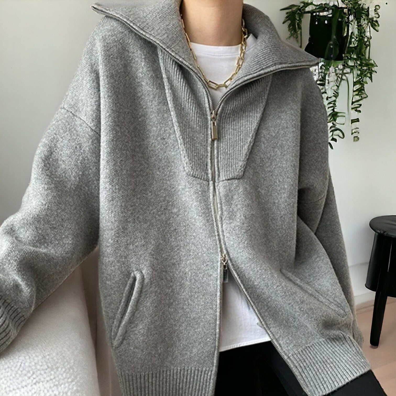 Trendy Double Zipper Cardigan, Zip up Cardigan for Women, Oversized ...