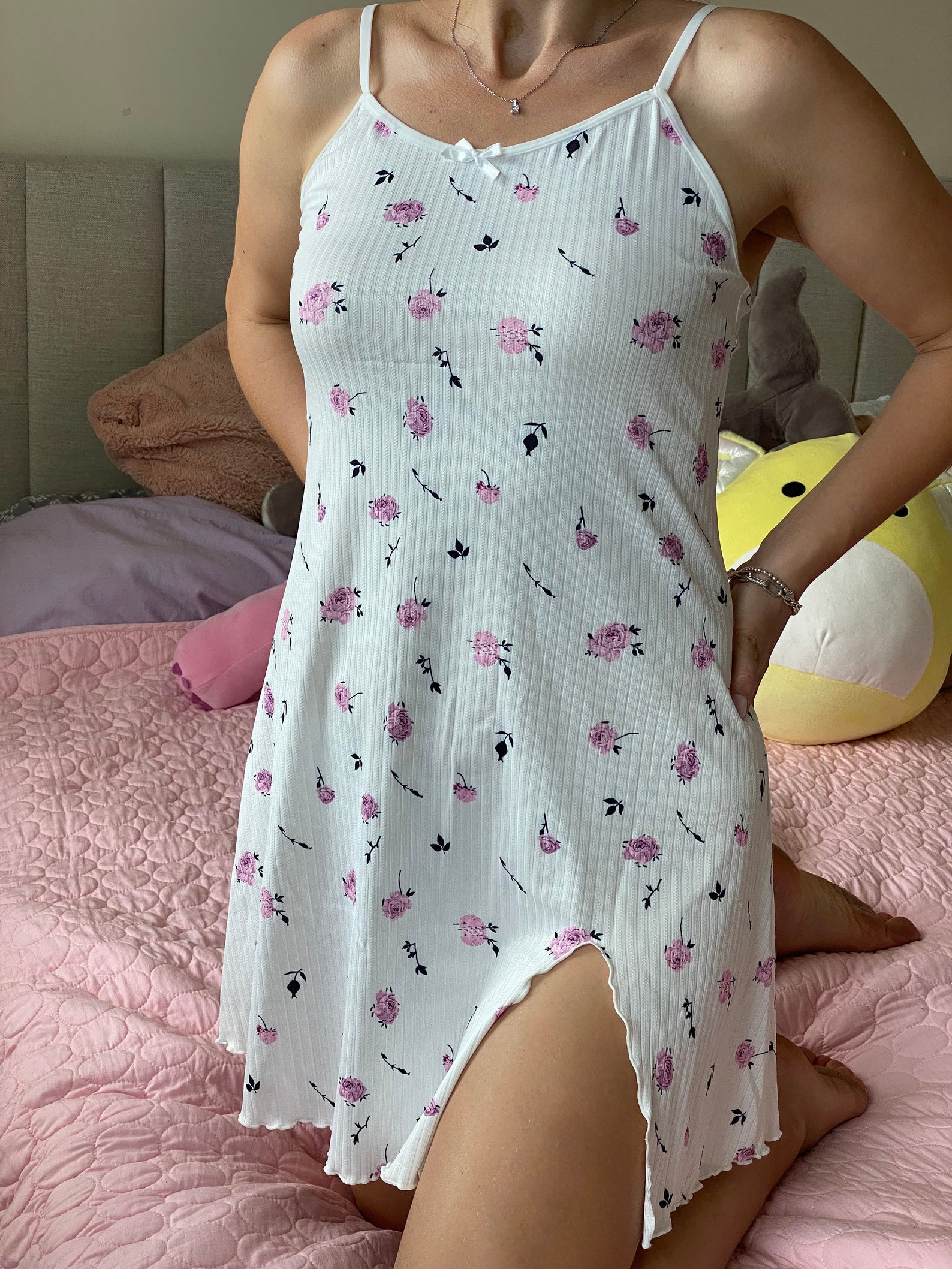 Cute Cherry and Flowers Print Slip Nightdress, Round Neck Backless ...