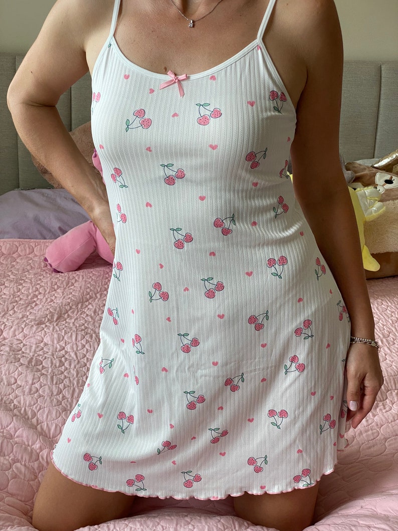 Cute Cherry and Flowers Print Slip Nightdress, Round Neck Backless ...