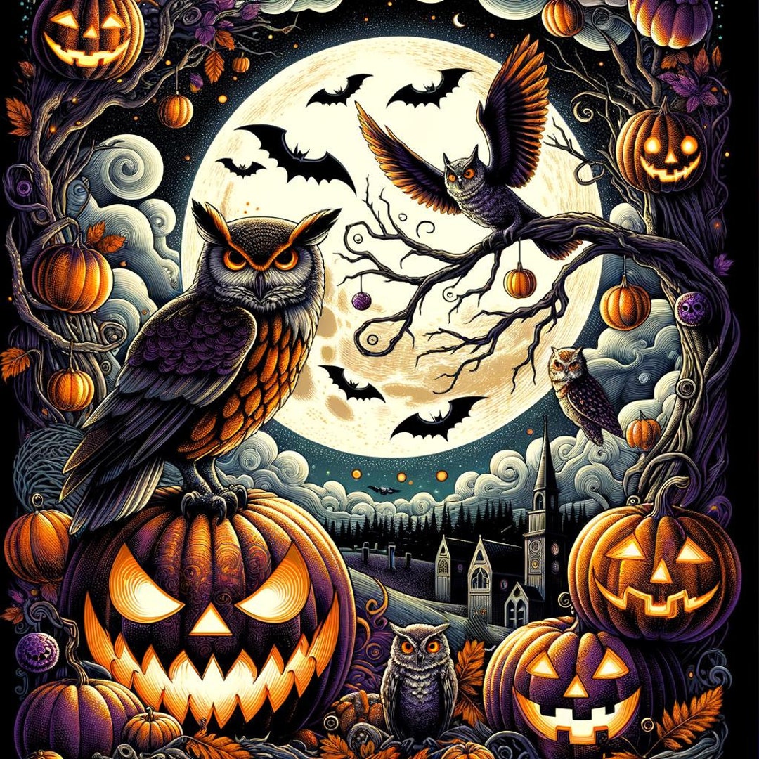 Haunted Halloween Night Digital Art Print – Owls, Pumpkins & Full Moon ...