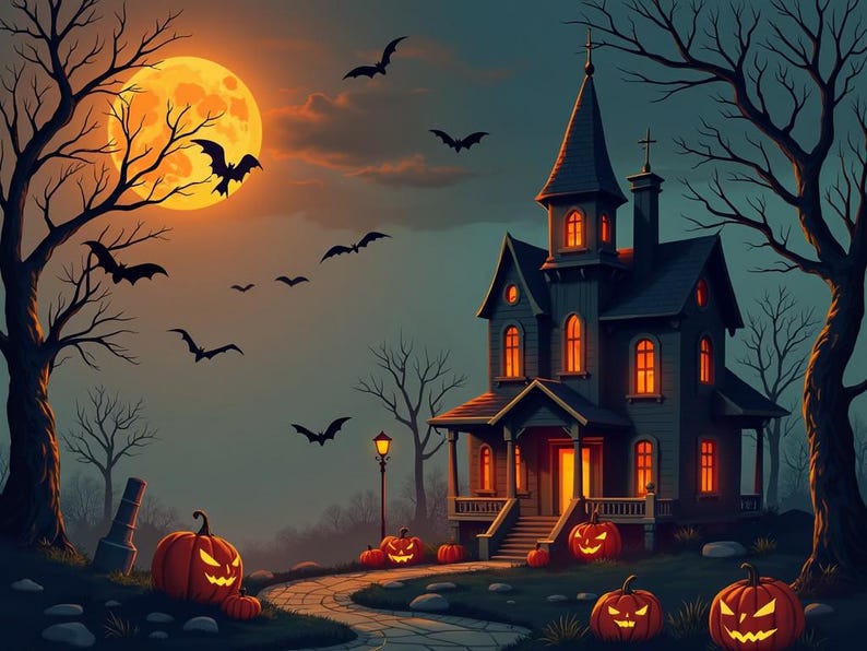 Haunted Halloween Night Digital Art Print – Owls, Pumpkins & Full Moon ...