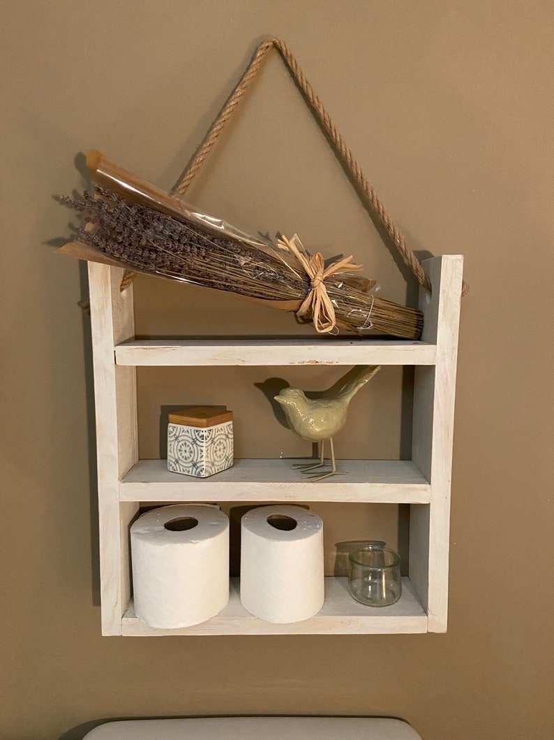 3 Tiered Wooden Shelves, Bathroom Storage Organizer, Hanging Rope Wall ...