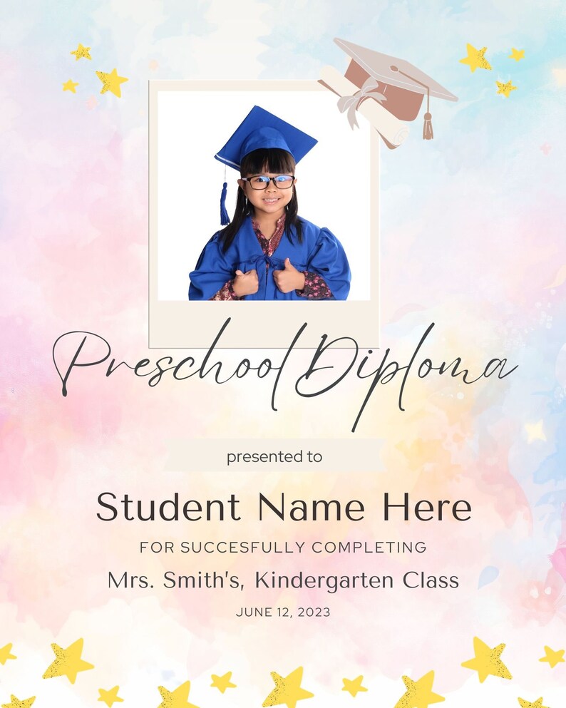 Editable Preschool Graduation Diploma Template Watercolor Background - Etsy