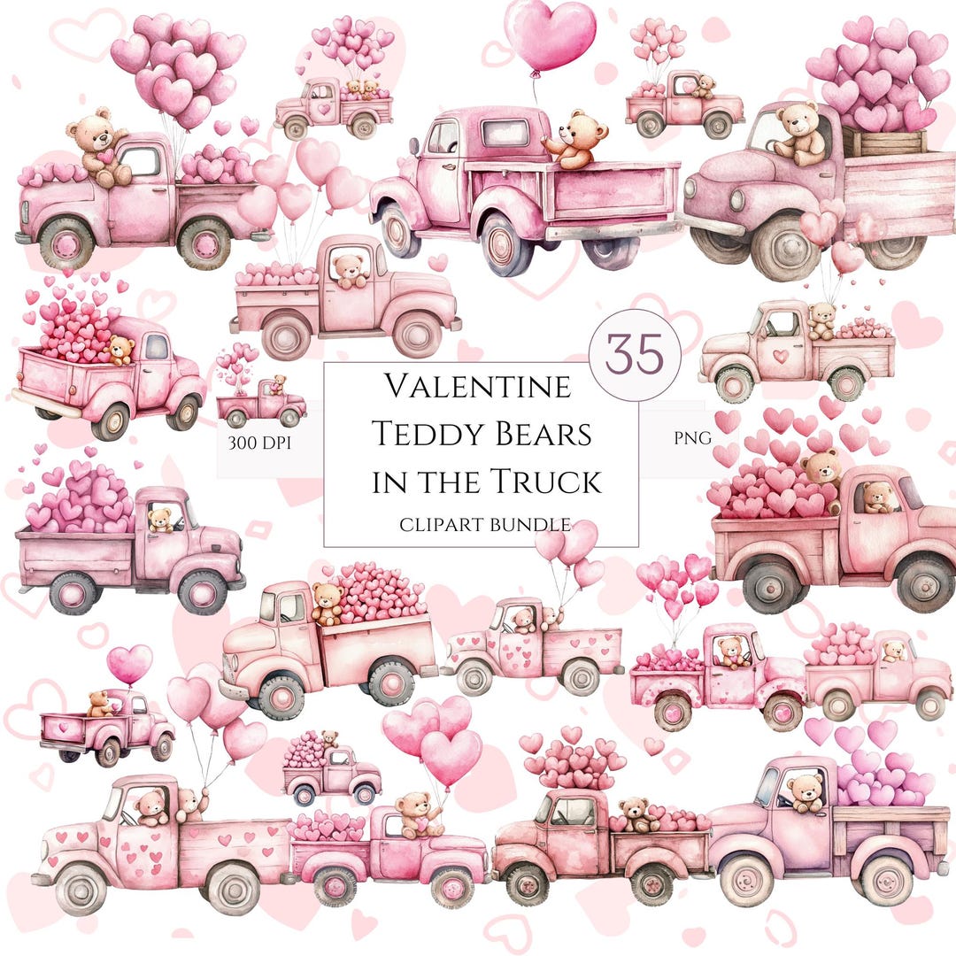 Valentines Teddy Bear Clipart, Valentine Truck Clipart Bundle, Pink ...