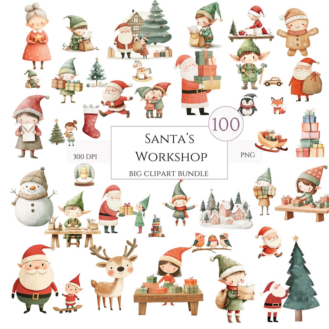100 Santas Workshop Christmas Watercolor Clipart, PNG, Winter Clipart ...