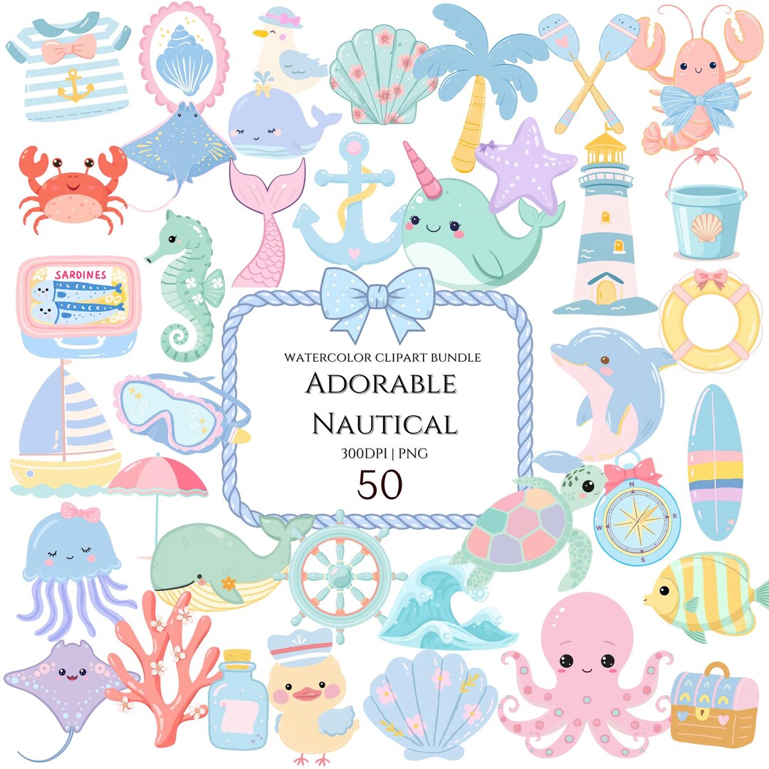 Nautical Summer Clipart Set - Cute Sea Animals PNG, Pastel Beach ...