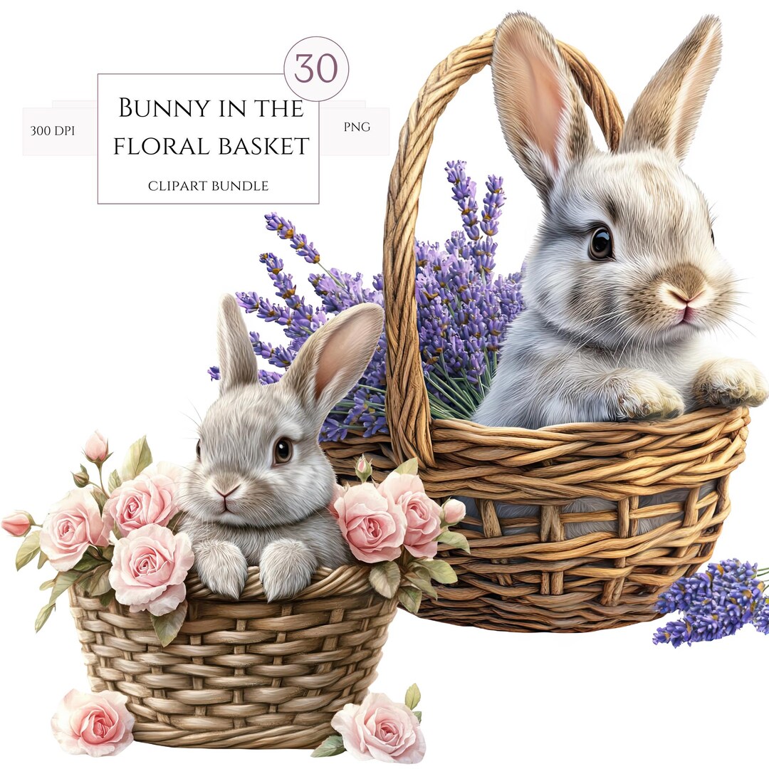 Easter Bunny Clipart, Bunny in the Floral Basket, Easter Nursery Floral ...