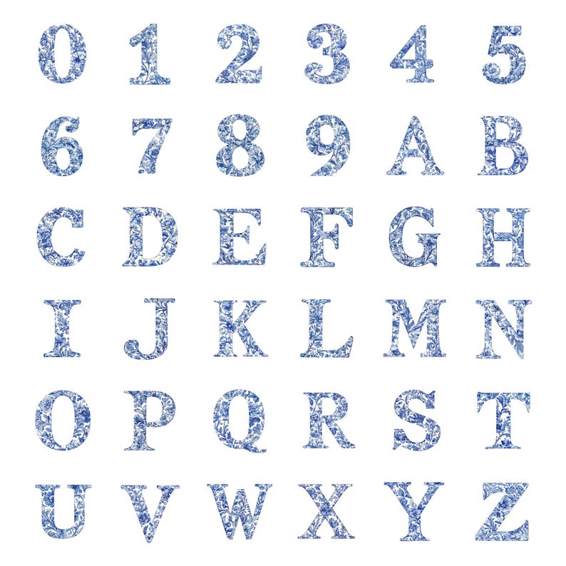 Chinoiserie Alphabet Clipart Bundle, 36 PNG Vintage Blue Watercolor ...
