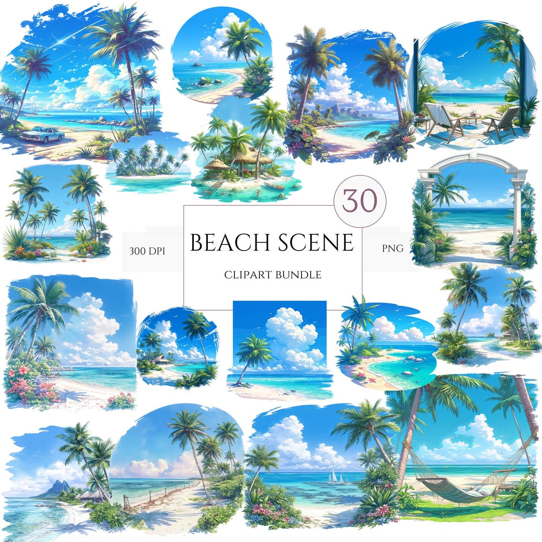 Watercolor Tropical Beach Collection Clipart, 30 PNG Beach Clipart ...