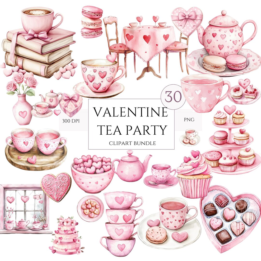 Valentines Day Tea Clipart, Pink Watercolor Afternoon Tea Party, High ...