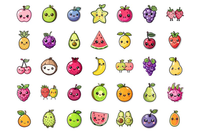 35 Cute Kawaii Fruit Clip Art PNG Bundle | Digital Download | Cute ...