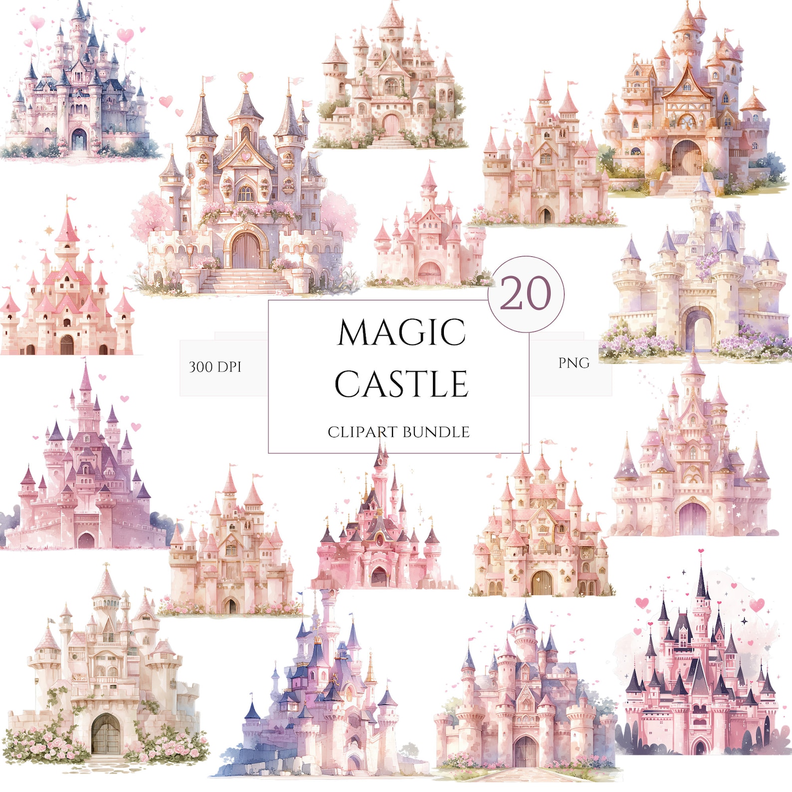 20 Watercolor Magic Castle Clipart, Fairytale Castle Clipart, Princess ...