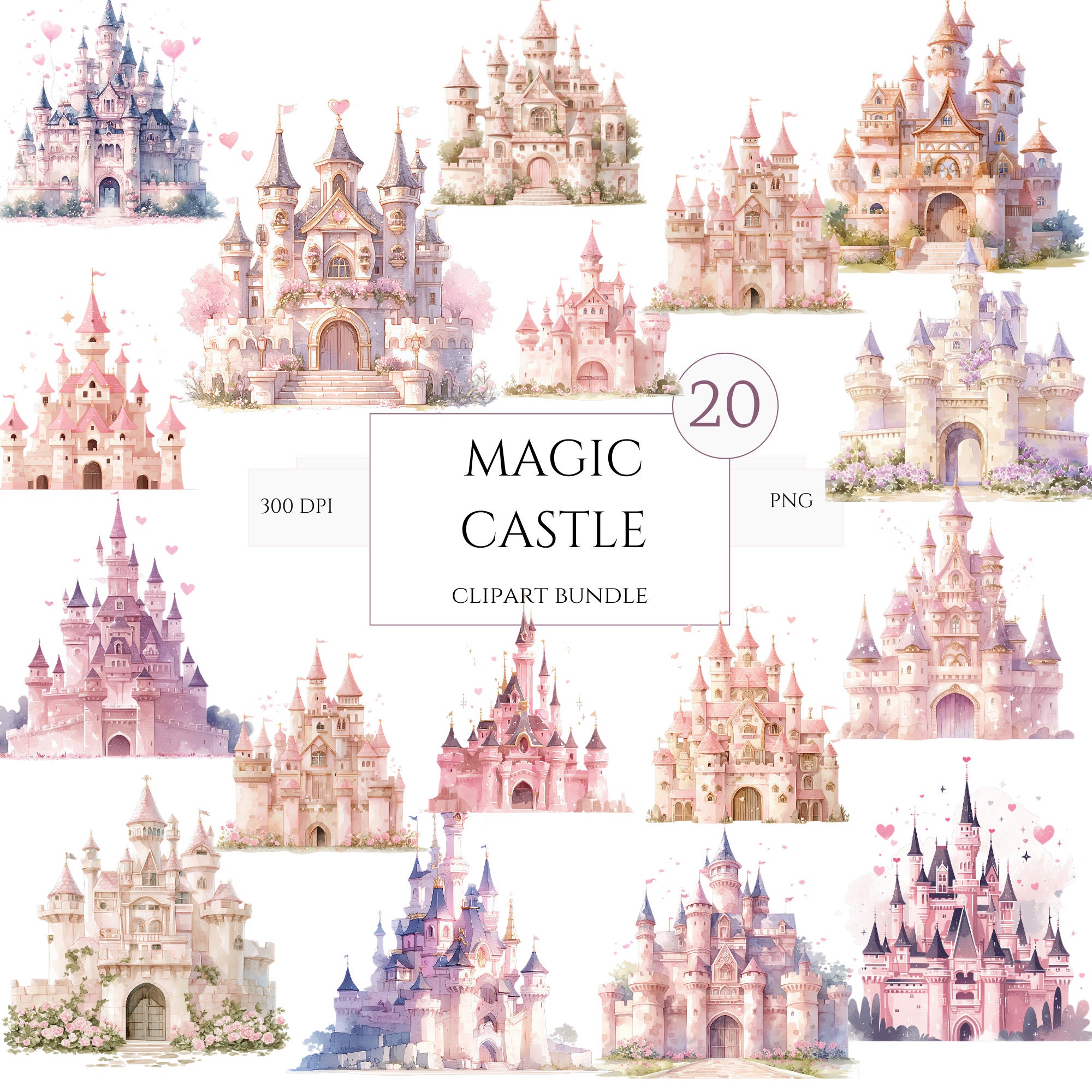 20 Watercolor Magic Castle Clipart, Fairytale Castle Clipart, Princess ...