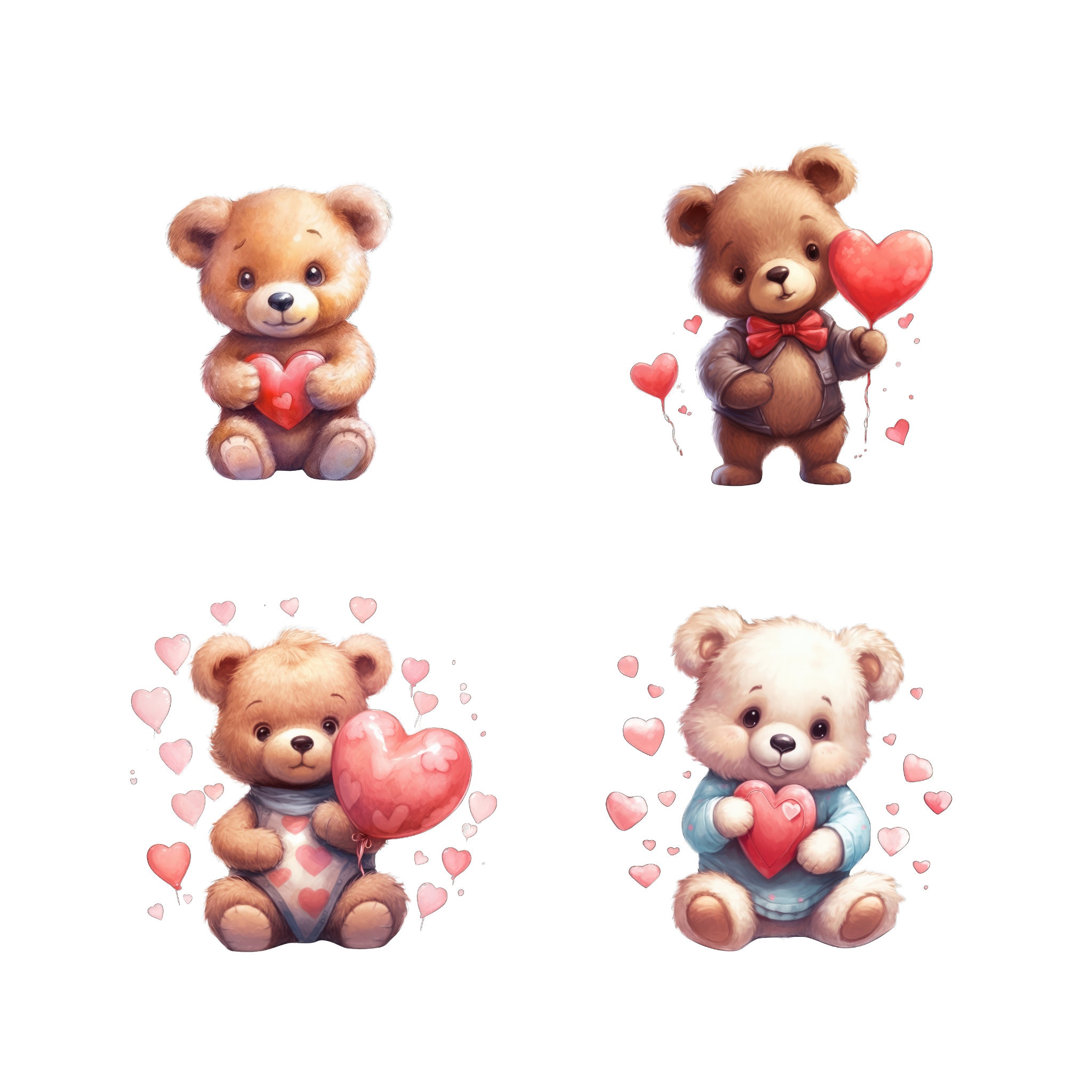 Watercolor Valentines Teddy Bear Clipart, 12 PNG Valentines Day Clipart ...