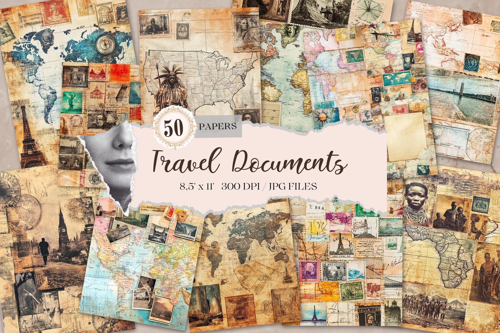 Travel Documents Digital Papers, Vintage Maps Scrapbook Paper Kit ...