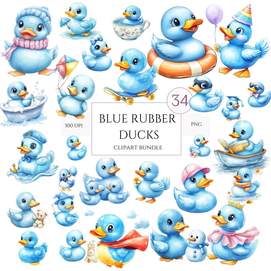 Blue Rubber Duck Clipart | Nursery Design | 34 PNG | Watercolor Rubber ...