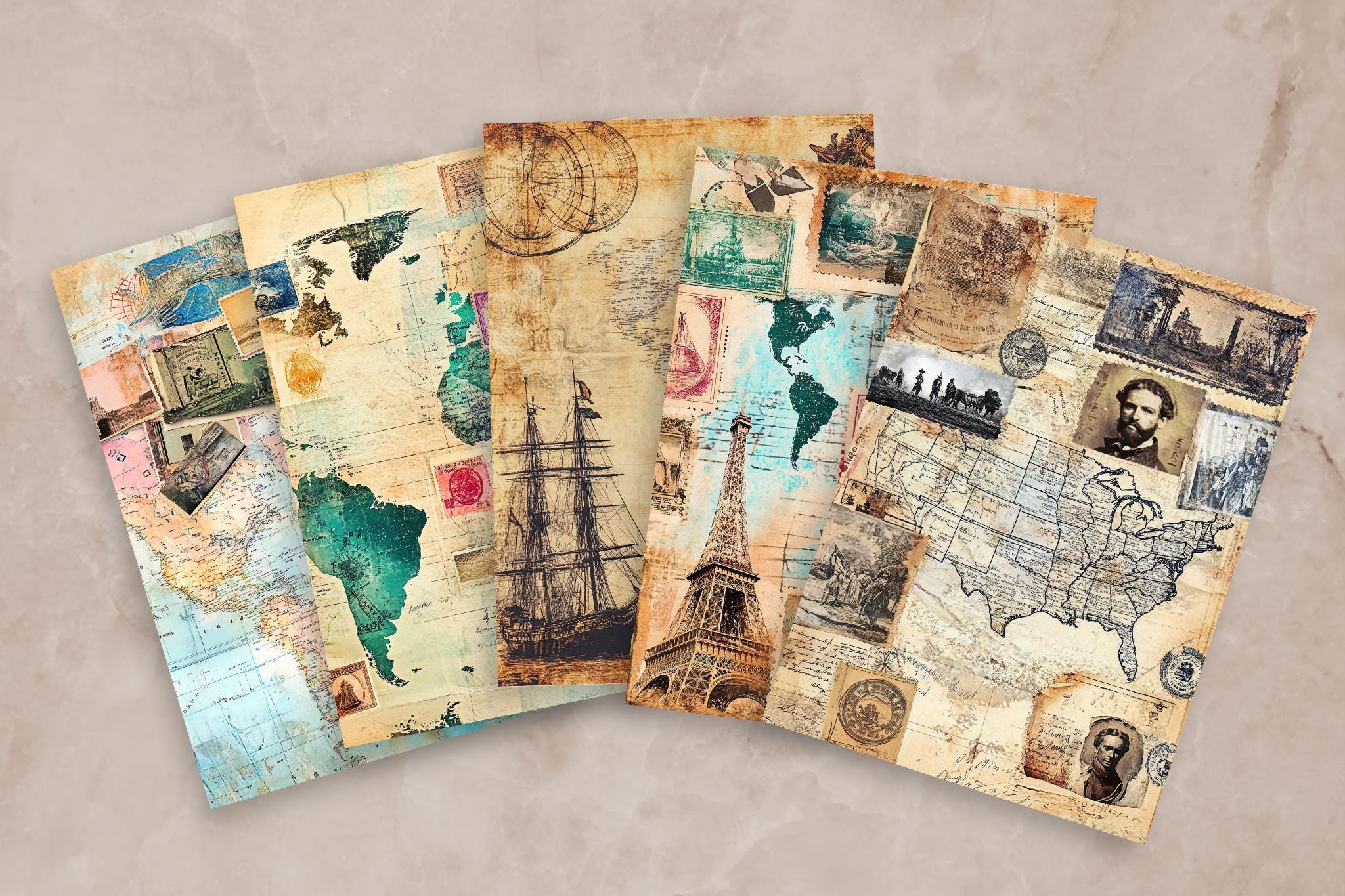 Travel Documents Digital Papers, Vintage Maps Scrapbook Paper Kit ...