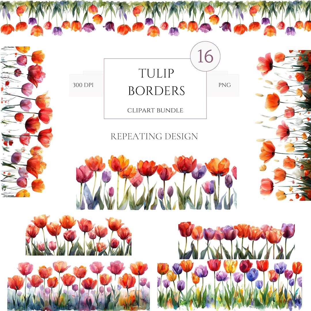 Watercolor Tulip Borders Clipart Bundle, 16 PNG Flowers Clipart, Floral ...