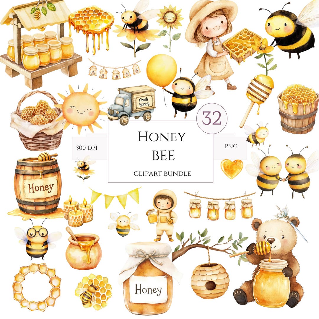 Cute Bee Watercolor Clipart, Baby Bumble Bee & Honey PNG, Bee Baby ...