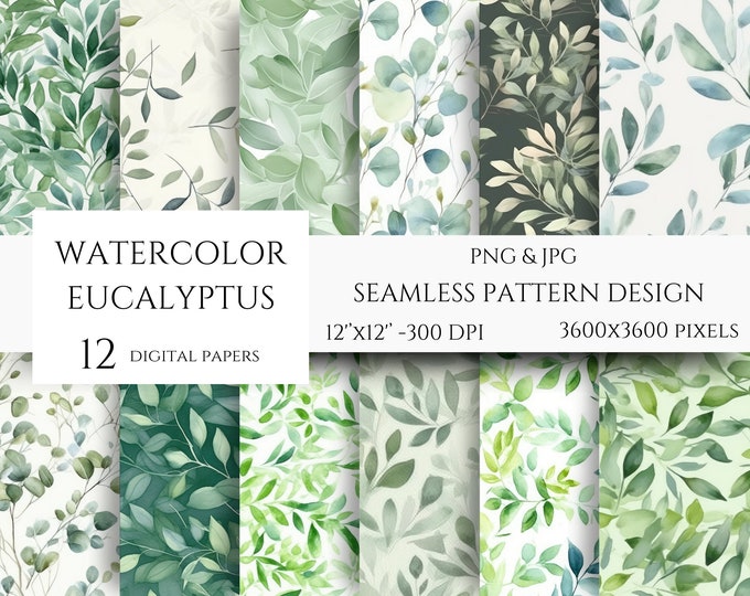 Watercolor Eucalyptus Digital Paper Eucalyptus Sage Green Greenery ...