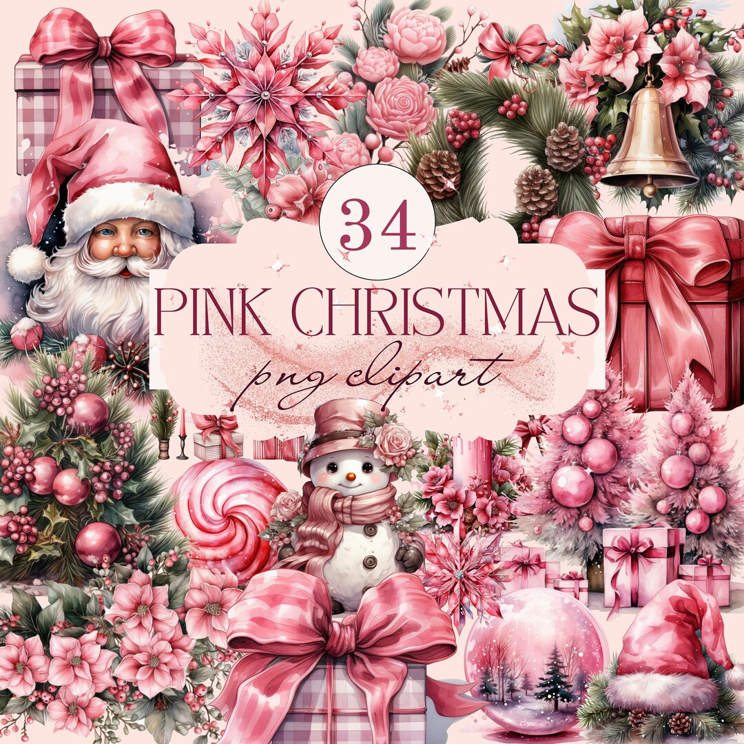 Whimsical Pink Christmas Clipart Bundle - Pastel Xmas Sublimation ...
