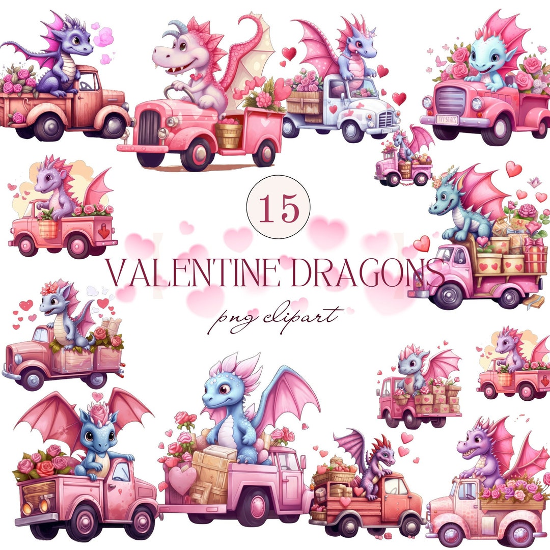 Watercolor Valentine Clipart, Valentine Dragons on the Truck Clipart ...