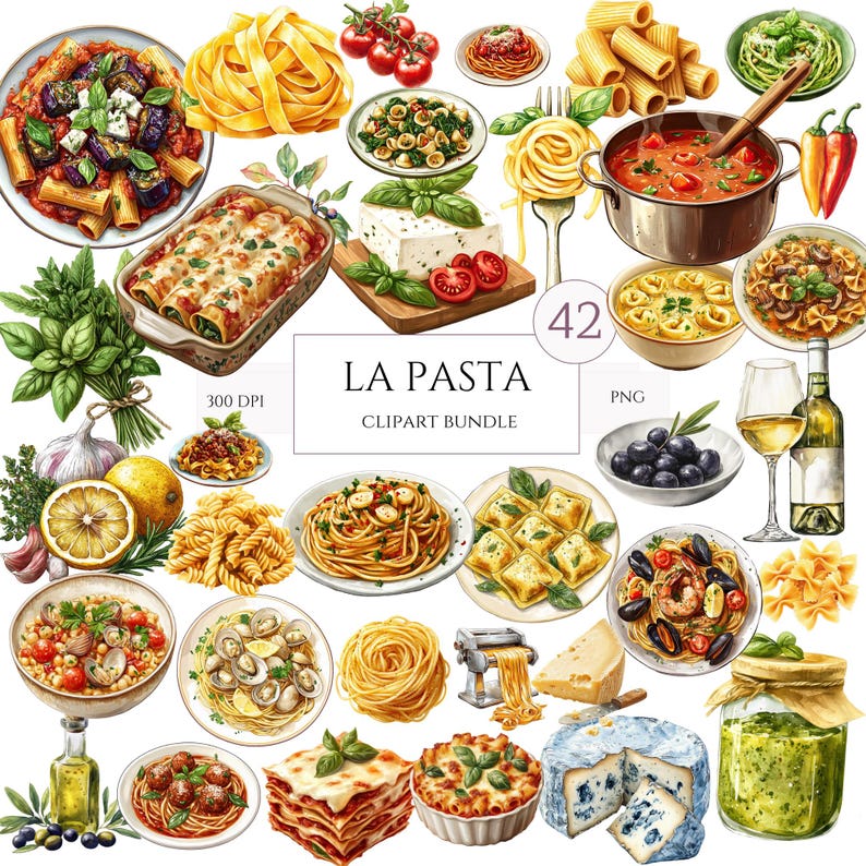 Watercolor Pasta Clipart Bundle | Spaghetti & Pasta Shapes 42 PNG ...
