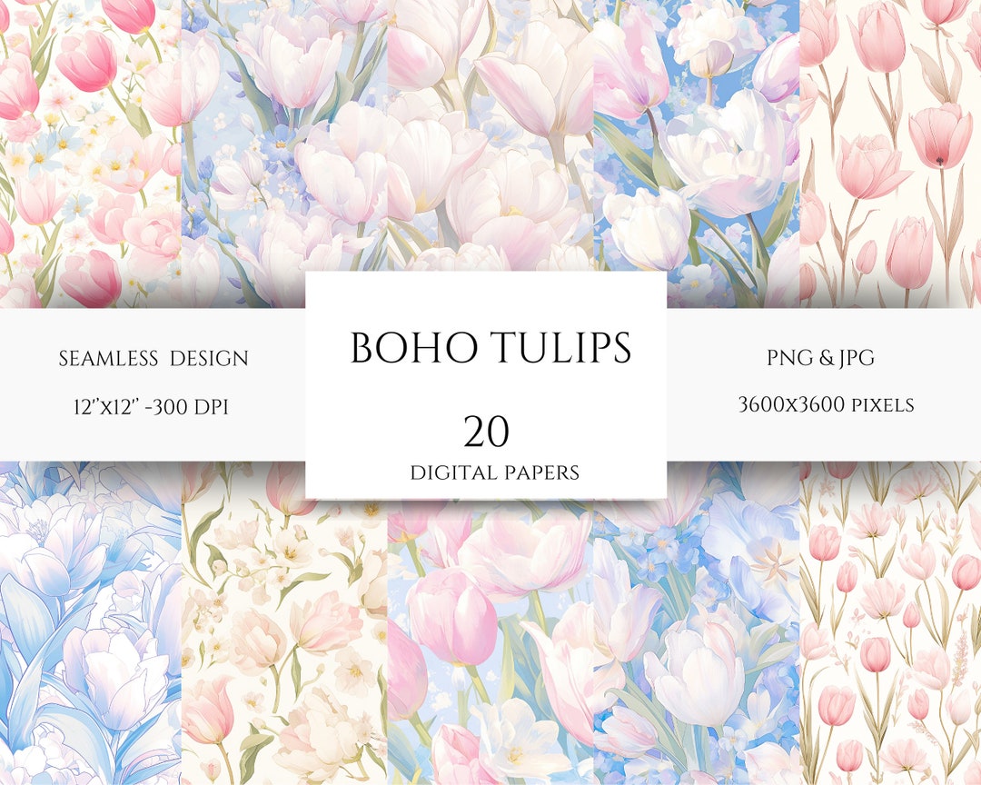 Bohemian Tulip Seamless Pattern, Commercial Use, 20 Png Tulips Pattern ...